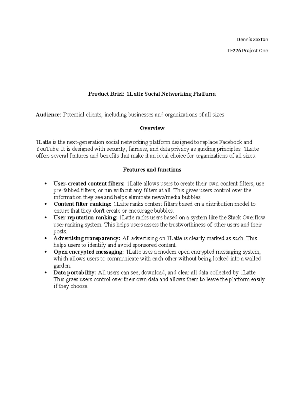 IT 226 Project One: 1Latte Social Networking Platform Overview - Studocu