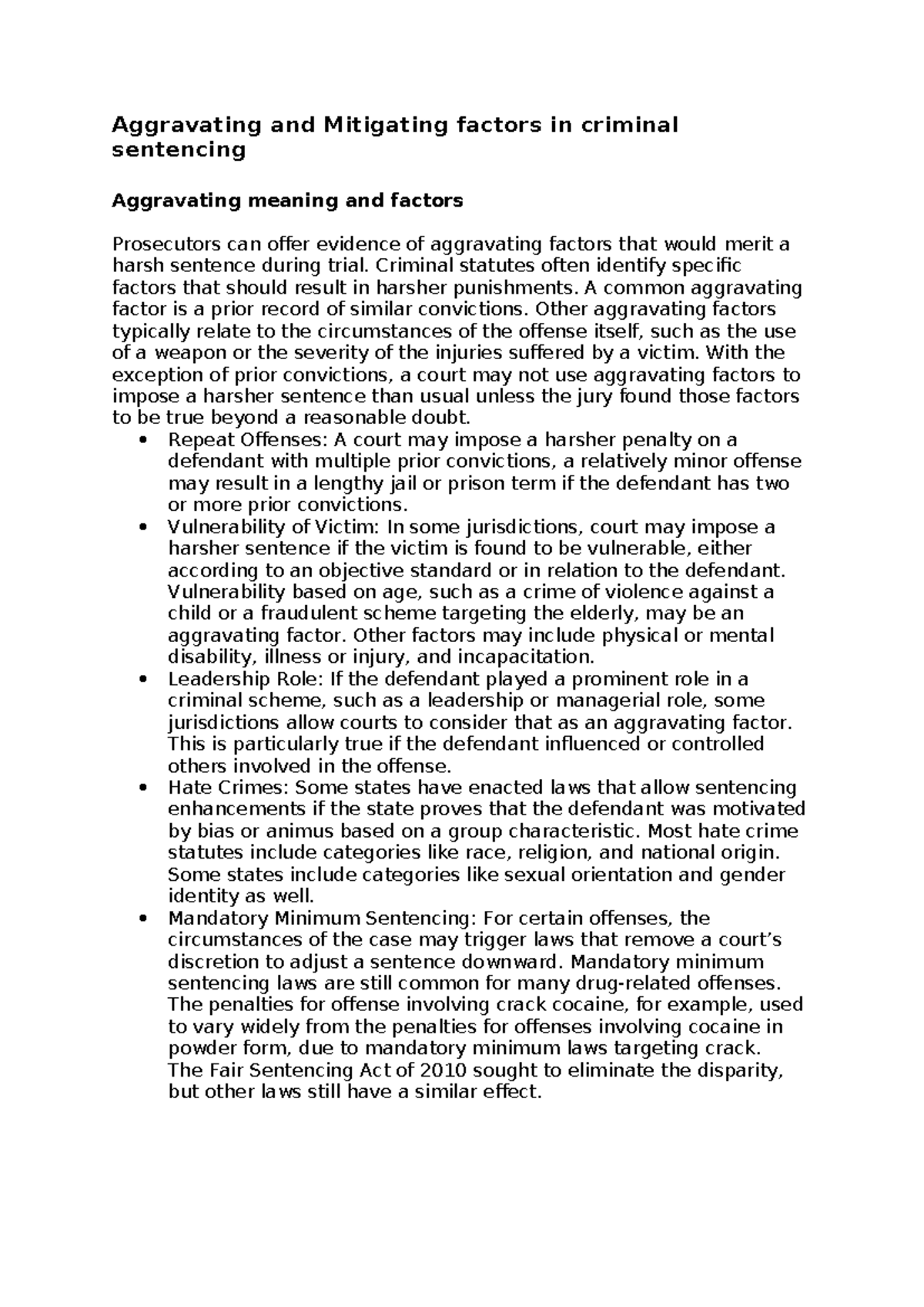 AGGRAVATING & MITIGATING FACTORS IN CRIMINAL SENTENCING: A STUDY - Studocu