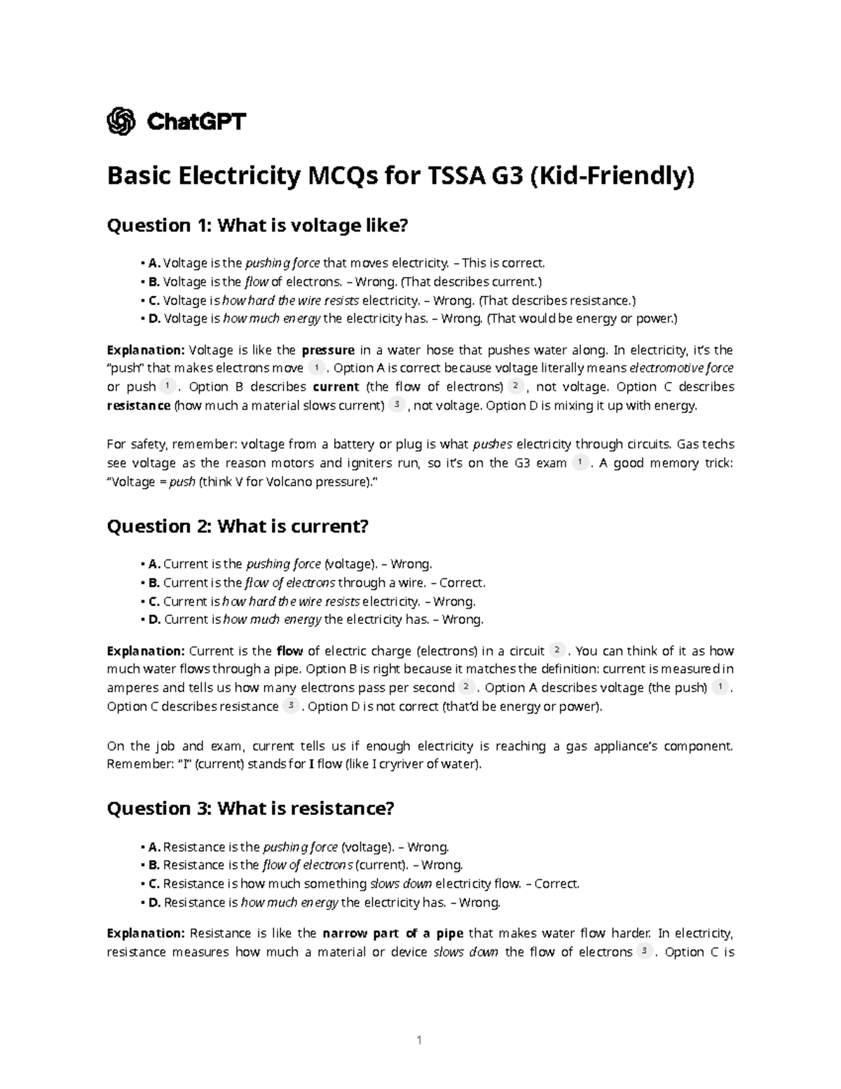Basic Electricity MCQs for TSSA G3 Exam Preparation - Studocu
