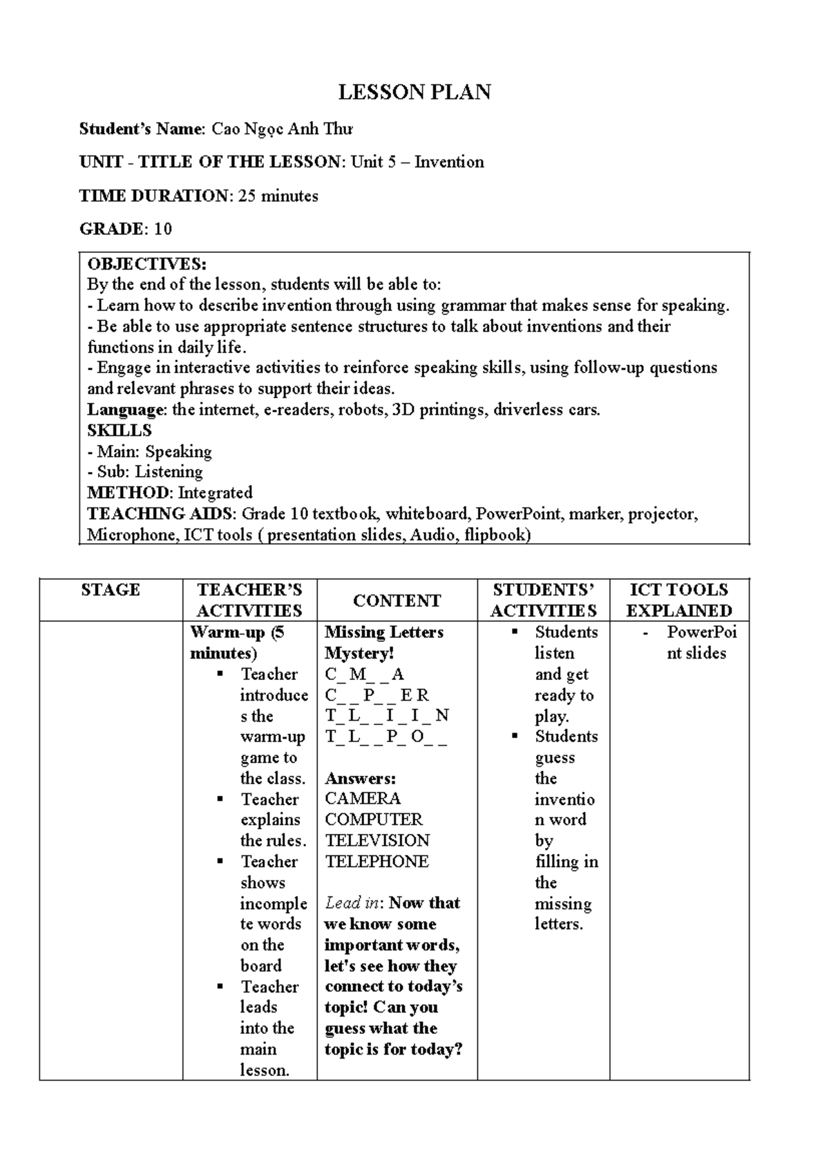 Lesson Plan: Unit 5 Invention for Grade 10 (ICT) - Studocu