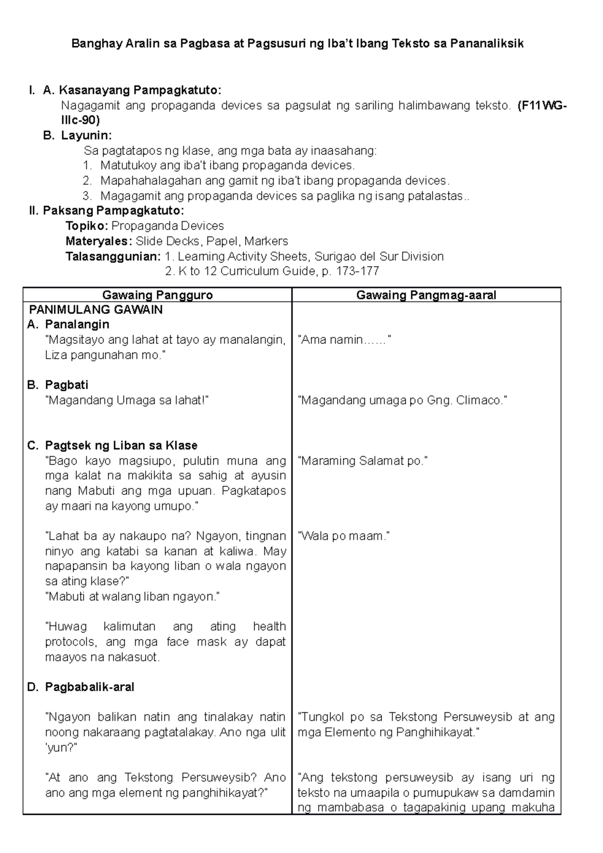 Pagsusuring Pampelikula Lesson Plan - MALA-MASUSING BANGHAY ARALIN SA ...