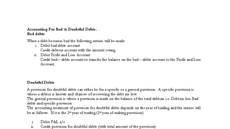 Accounting for Bad and Doubtful Debts: Key Concepts and Entries - Studocu