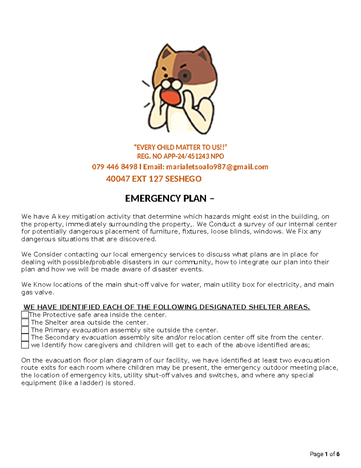Emergency Plan for Child Care Center: NPO 079 446 8498 - Studocu