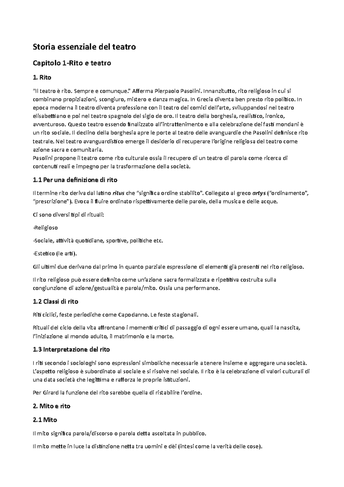 Storia Essenziale del Teatro: Riti, Miti e Evoluzione Teatrale - Studocu