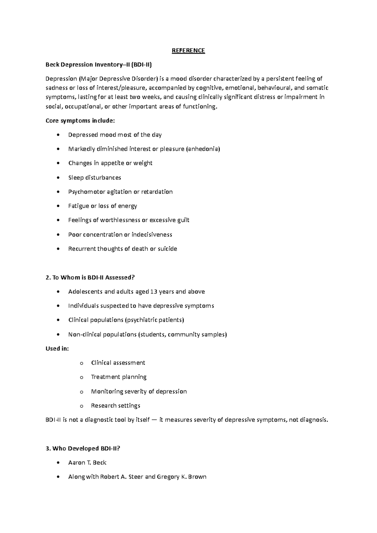 BDI II - Beck Depression Inventory Overview and Applications - Studocu
