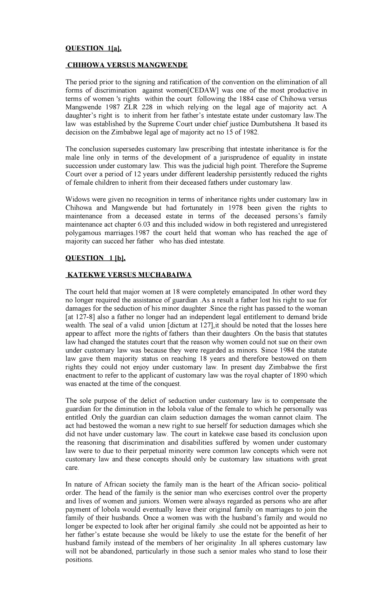 Chihowa vs Mangwende: Women’s Inheritance Rights in Zimbabwean Law ...