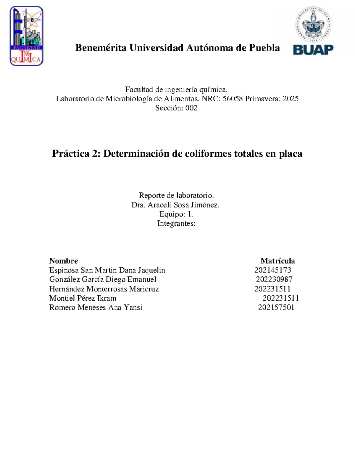 Práctica 2: Determinación de Coliformes Totales en Placa - NRC 56058 ...