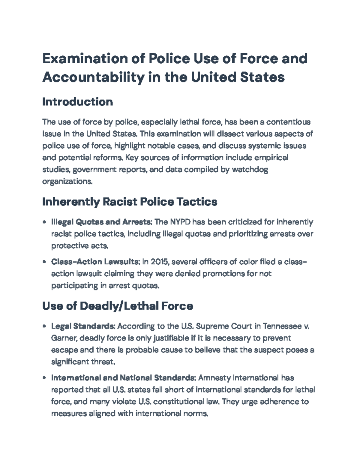 Examination of Police Use of Force and Accountability in the U.S ...