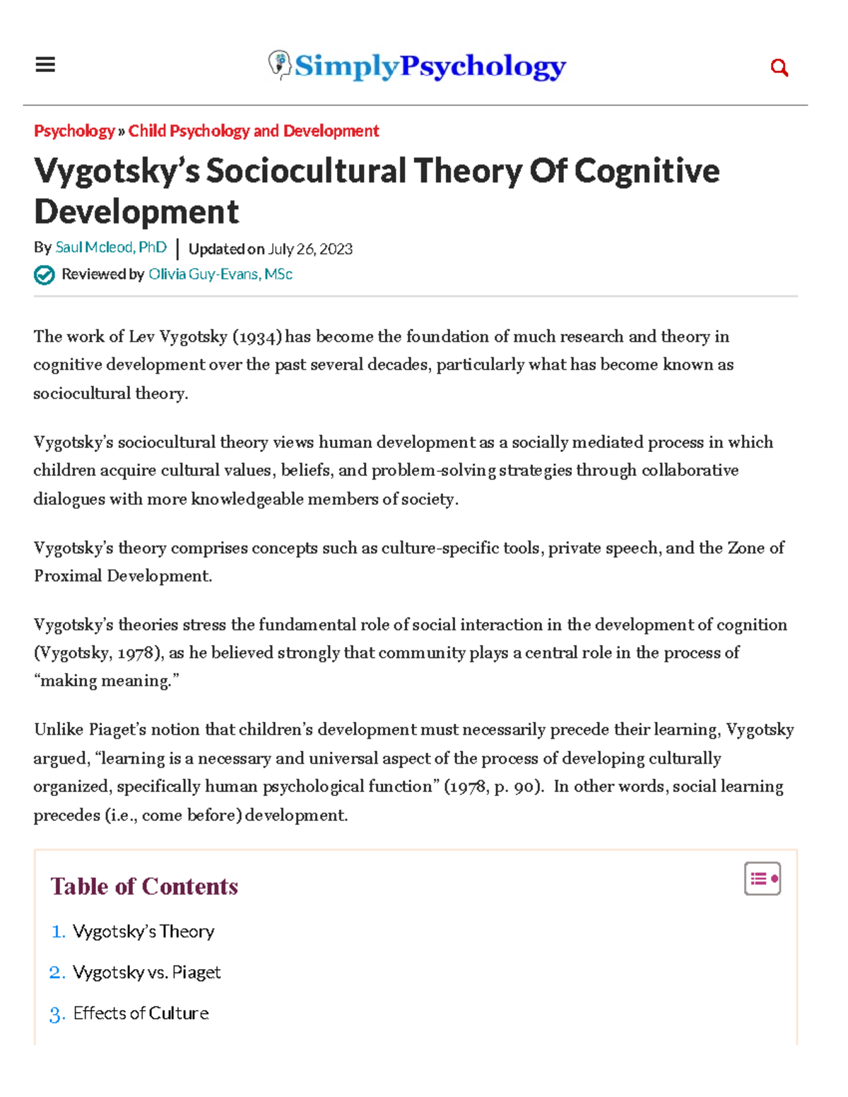 Psychology 101: Vygotsky’s Sociocultural Theory of Cognitive Dev. - Studocu
