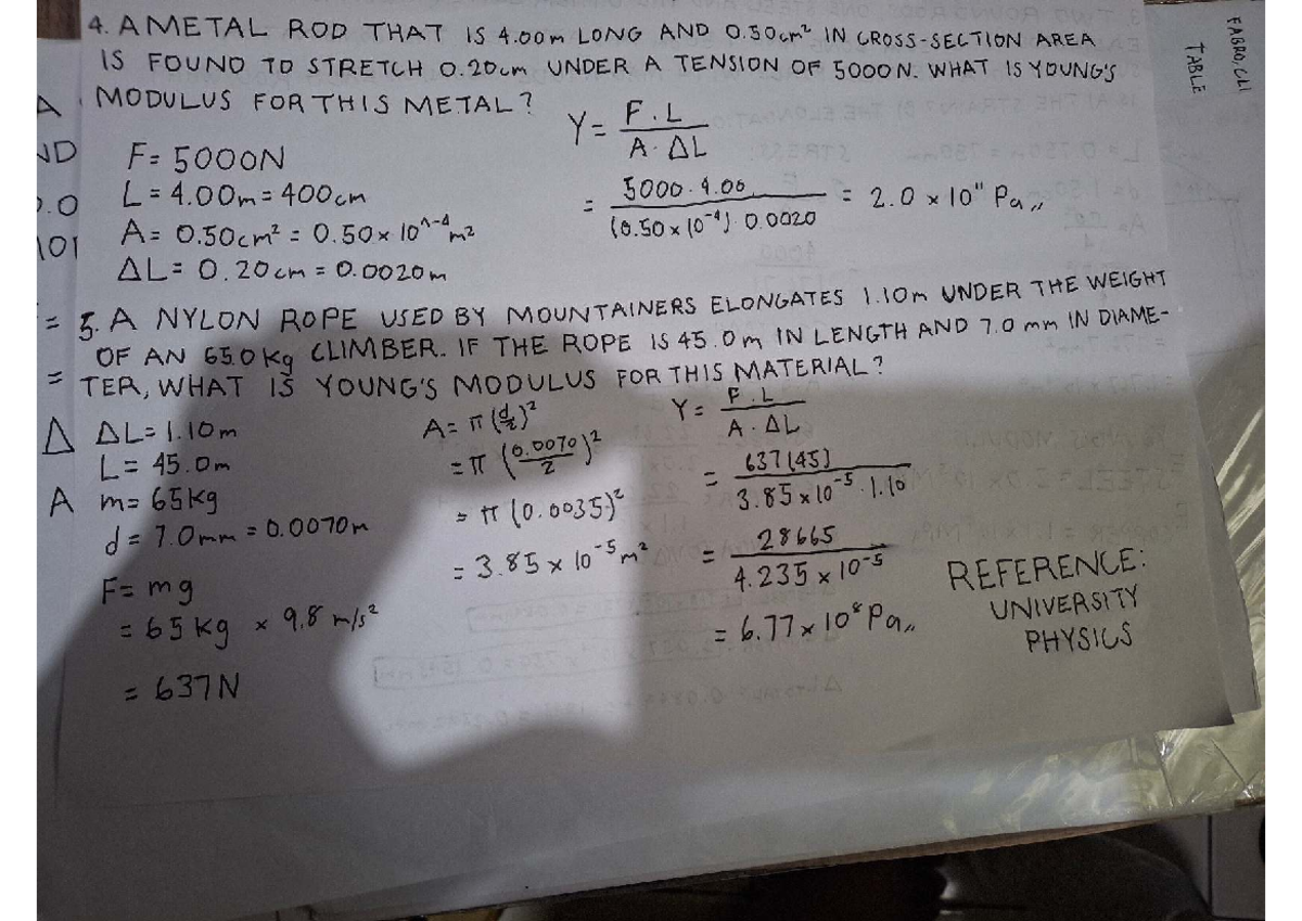 Young's Modulus Calculations for Metal and Nylon Rope - PHYS 101 - Studocu