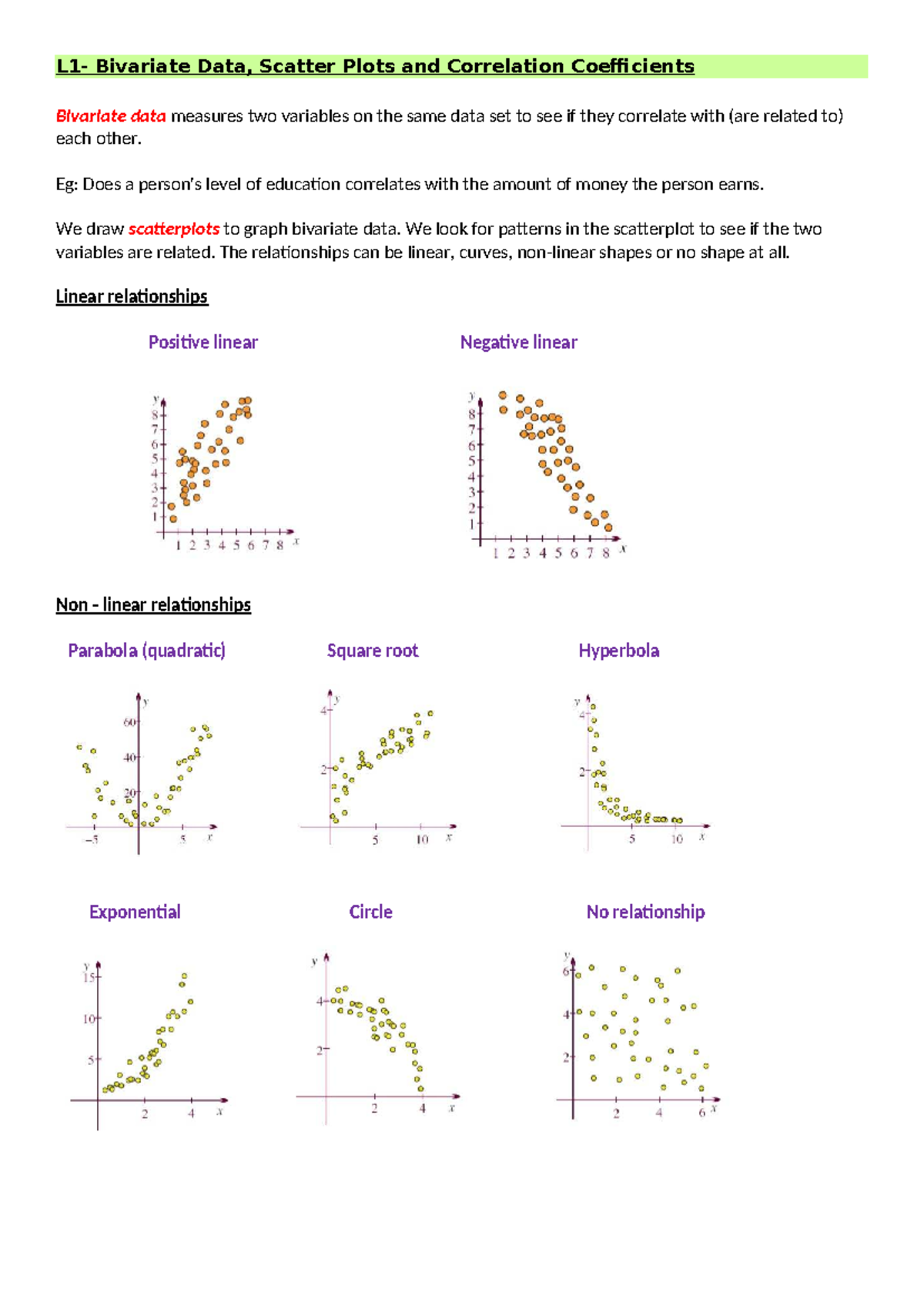 L1 - Bivariate Data: Scatter Plots & Correlation Coefficients - Studocu