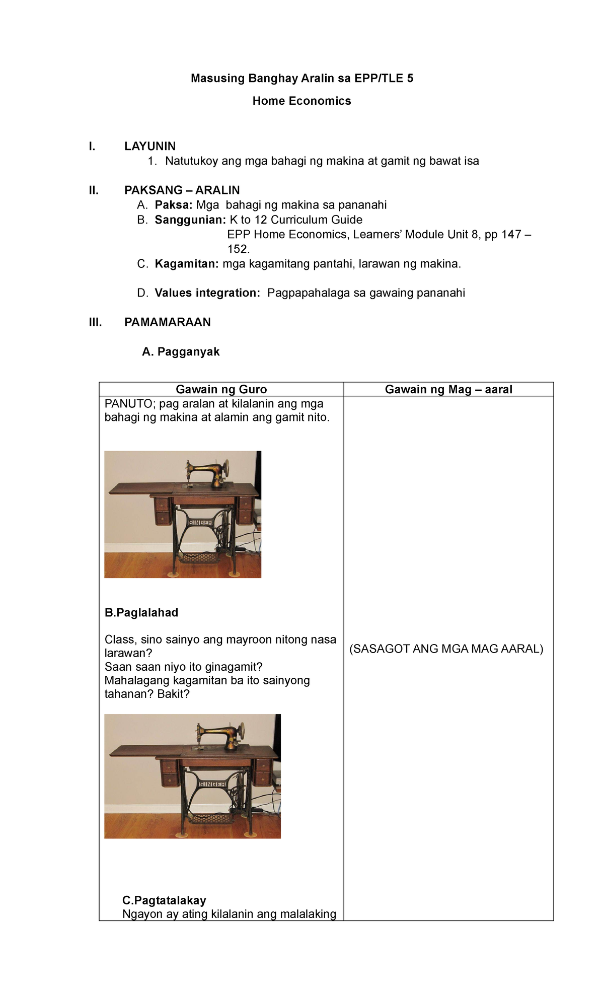EPP/TLE 5 Lesson Plan on Machine Parts in Home Economics - Studocu