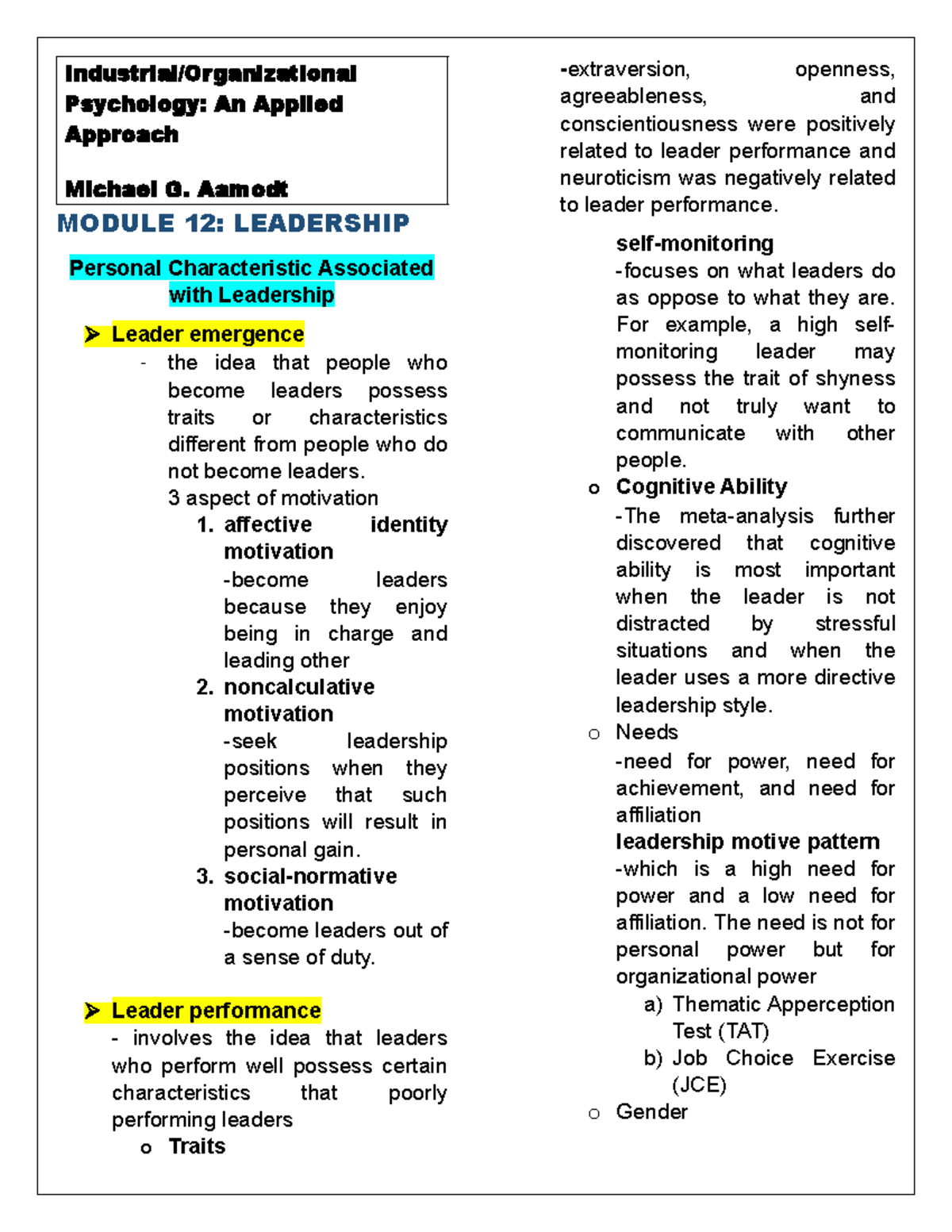Module 12: Leadership in Industrial/Organizational Psychology - Studocu