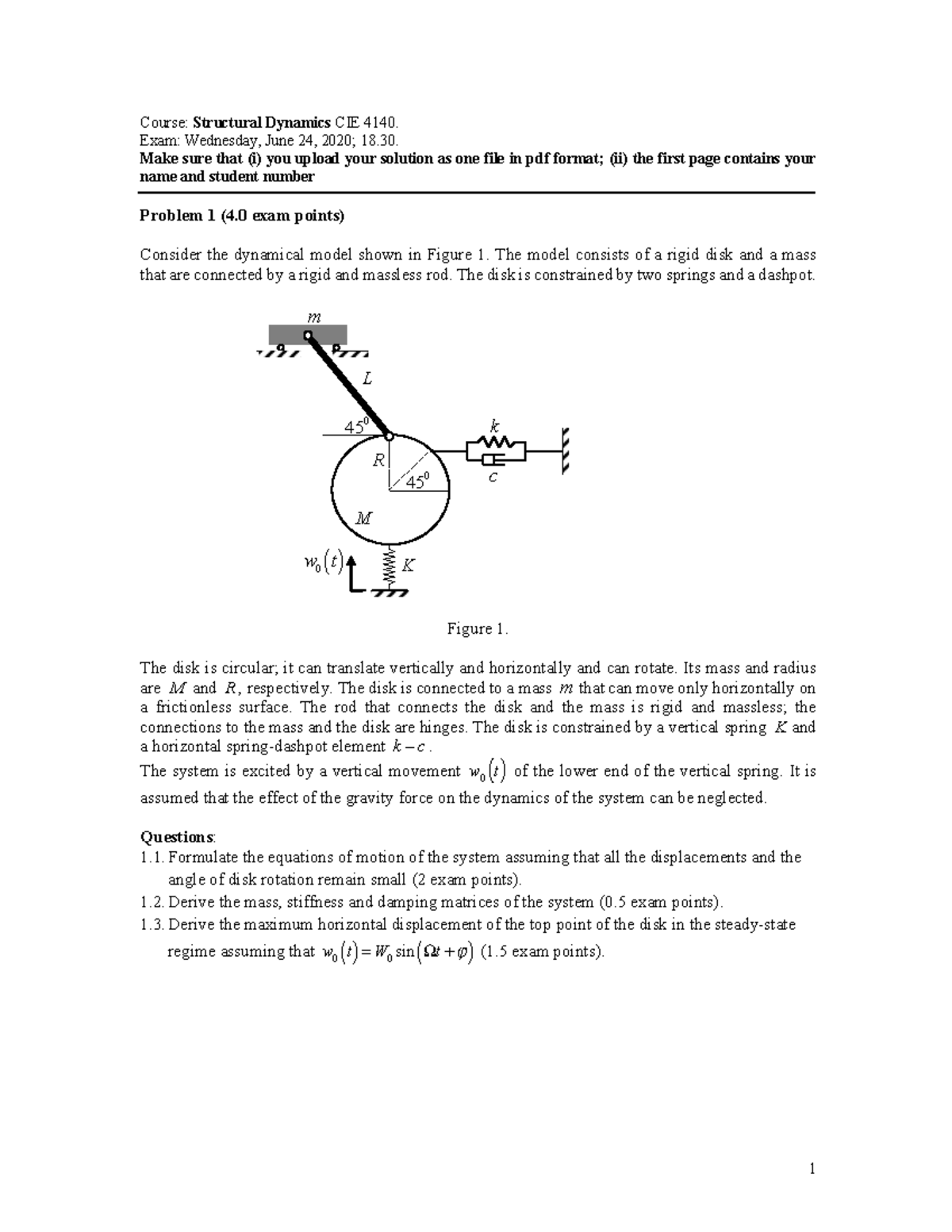 CIE 4140 Final Exam 2020: Structural Dynamics Questions and Model Analysis - Studeersnel