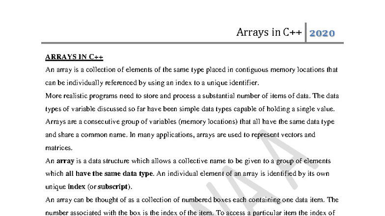 Arrays IN C - ARRAYS IN C++ An array is a collection of elements of the ...