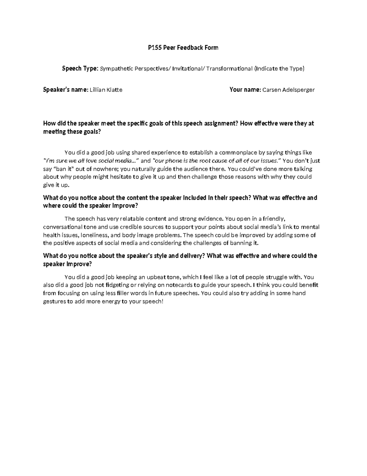 Peer Feedback Form (1) - help for peer reviews - P155 Peer Feedback ...