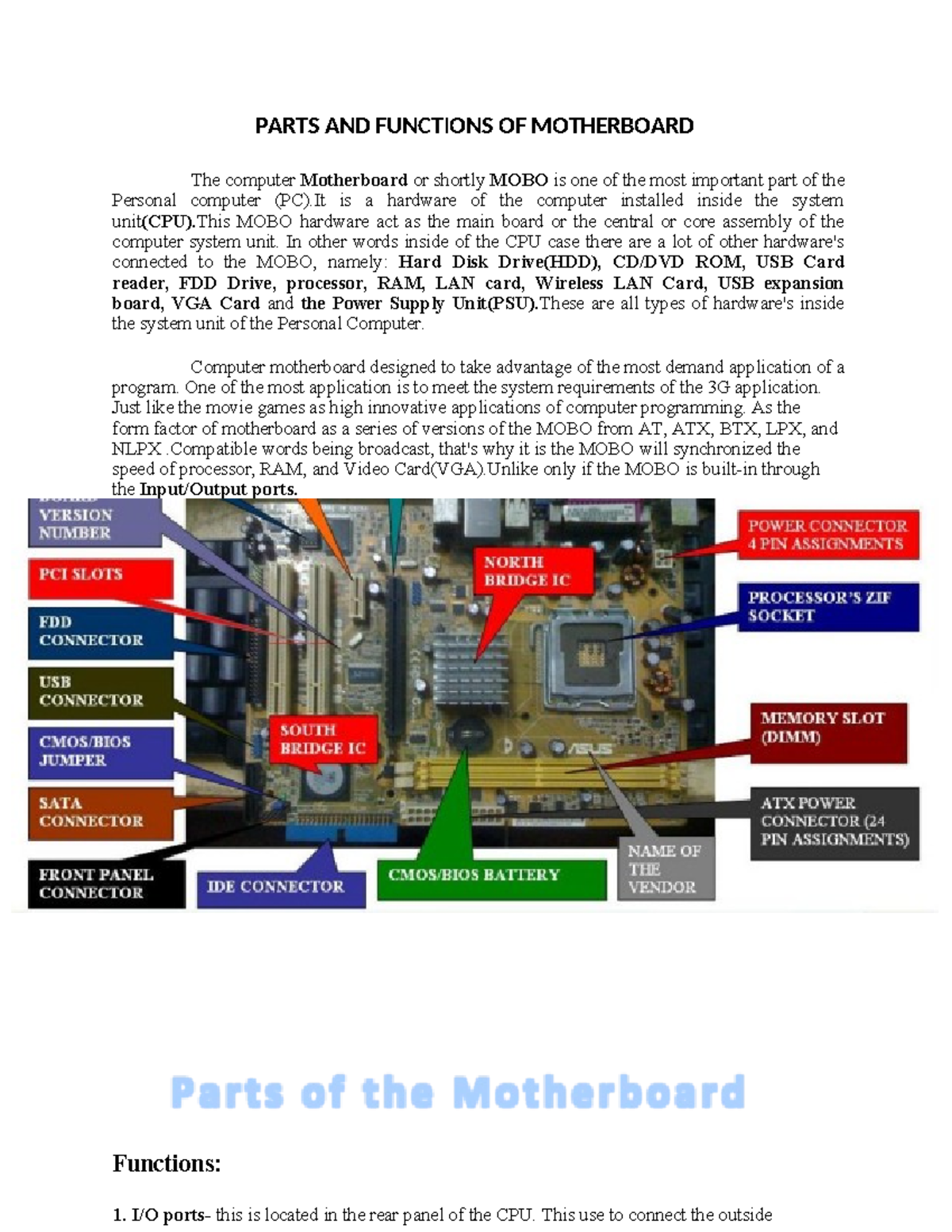 Parts AND Functions OF Motherboard - PARTS AND FUNCTIONS OF MOTHERBOARD ...