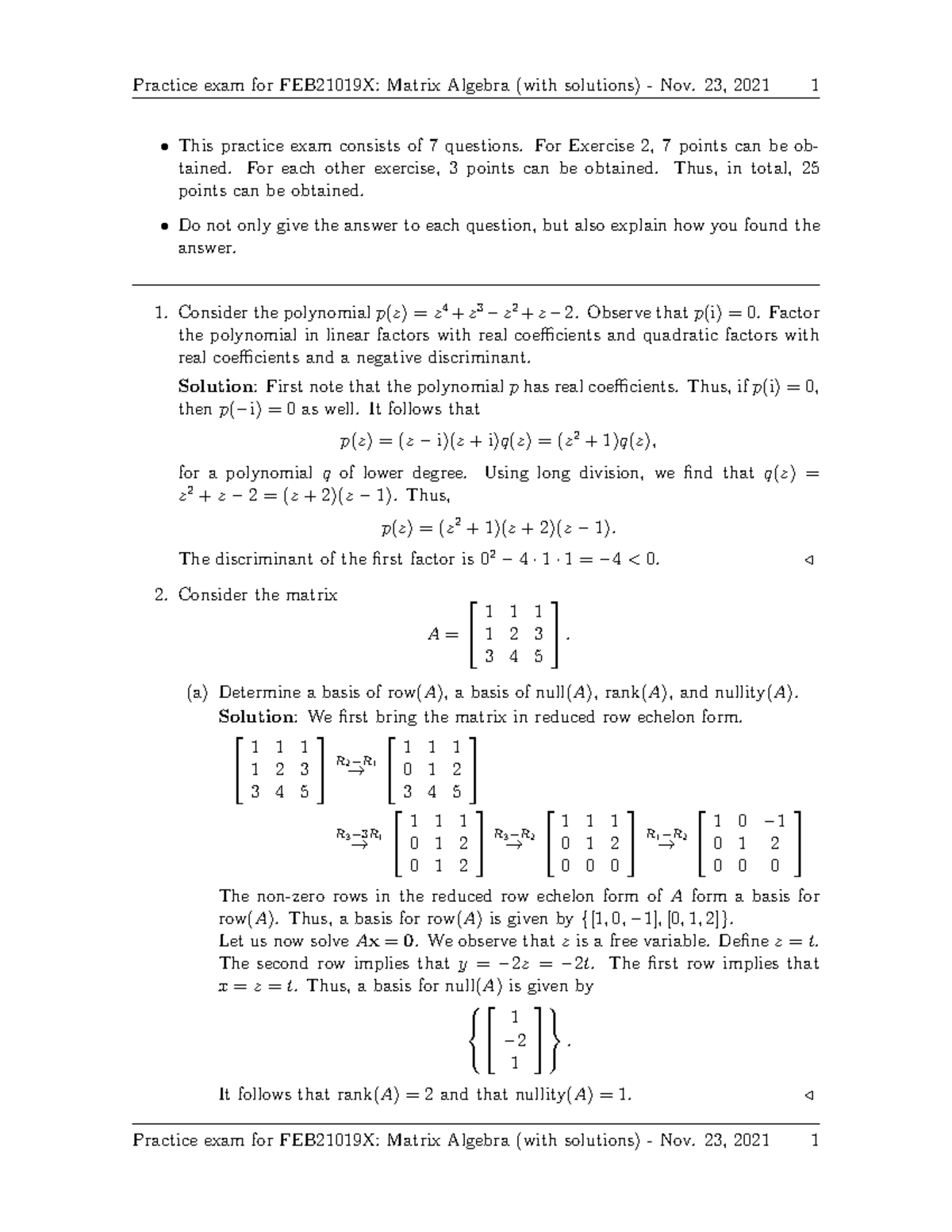 FEB21019X: Matrix Algebra Final Practice Exam with Solutions 2021 ...