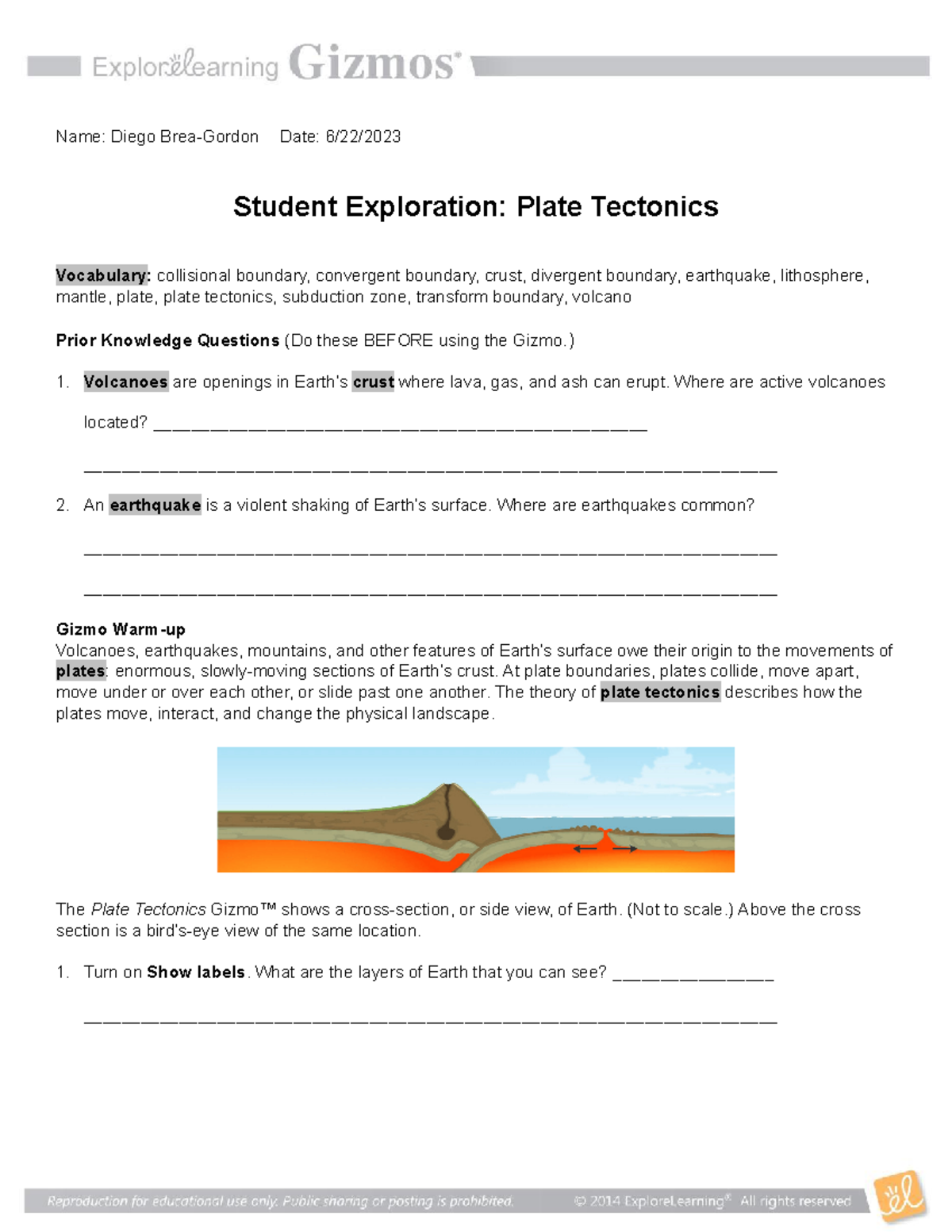 Student Exploration: Plate Tectonics (4.6 SE) Activities and Questions ...