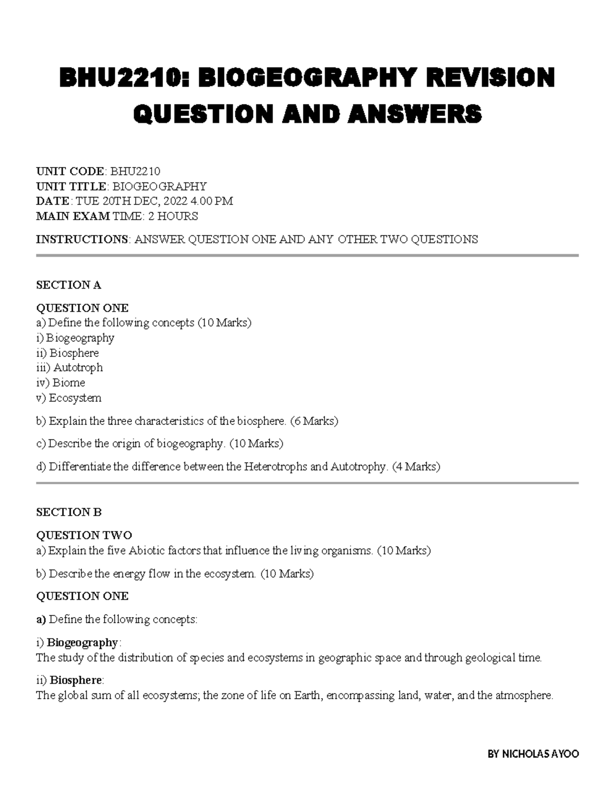 BHU2210: Biogeography Final Exam Revision Questions & Answers - Studocu