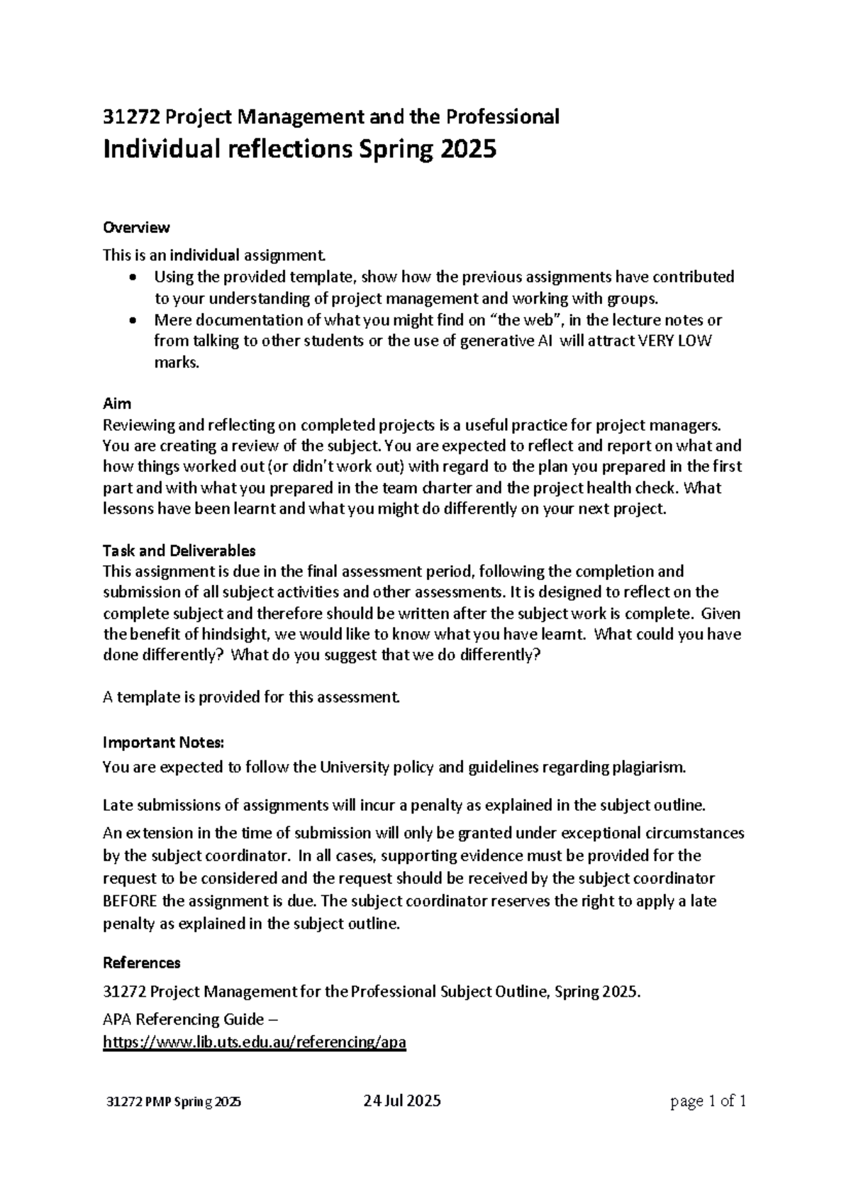 31272 Project Management Individual Reflections - Spring 2025 - Studocu