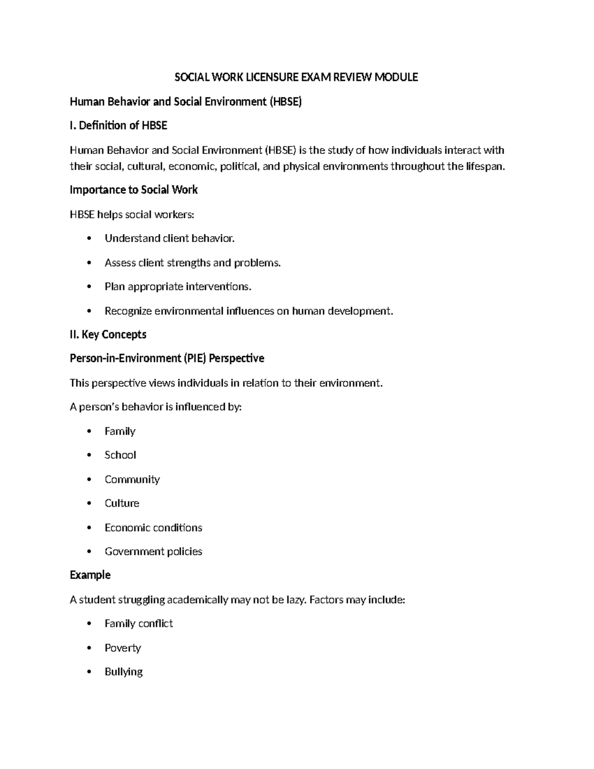 SOCIAL WORK LICENSURE EXAM REVIEW: HBSE Concepts & Theories - Studocu