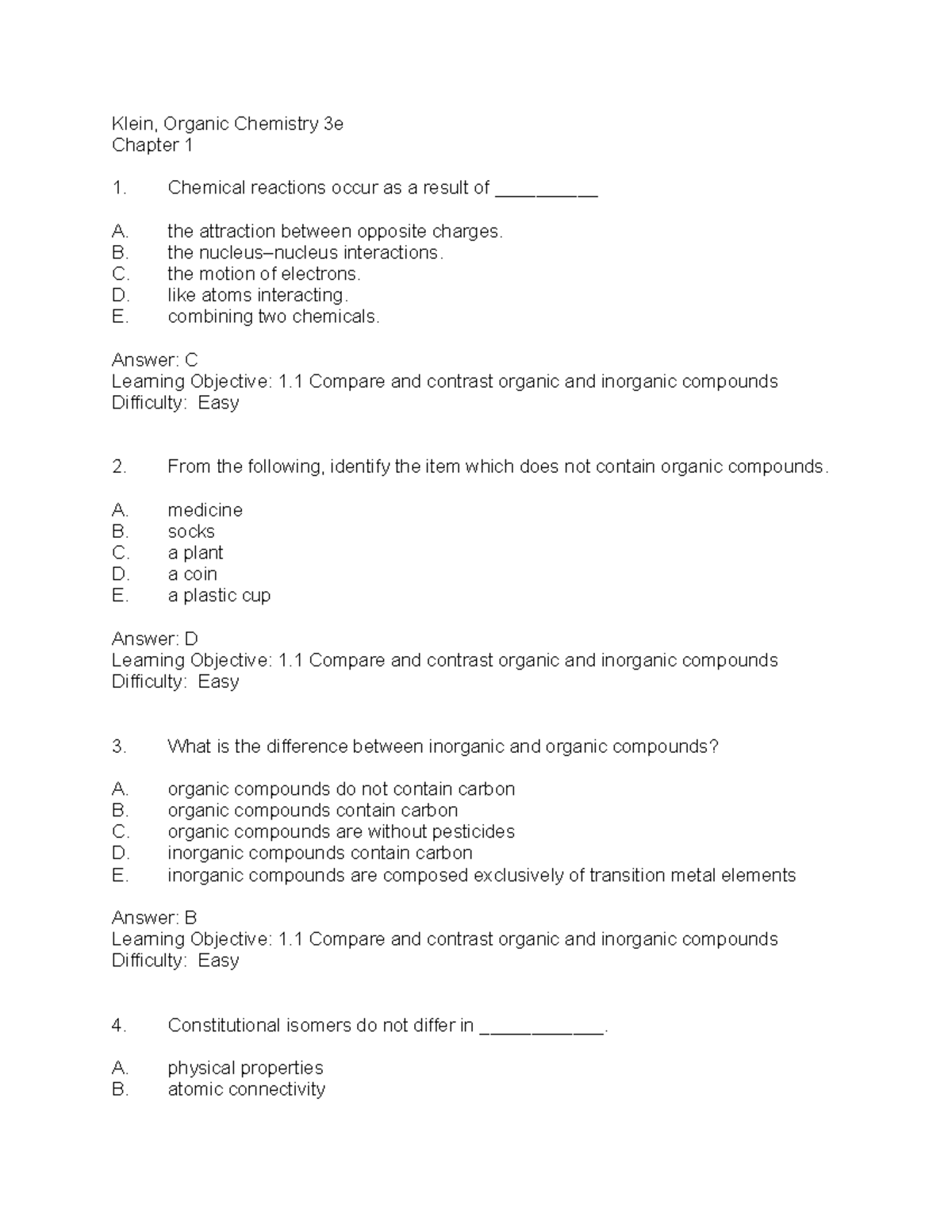 Chapter 1 organic chemistry test bank questions for Klein Orgo 3rd ...