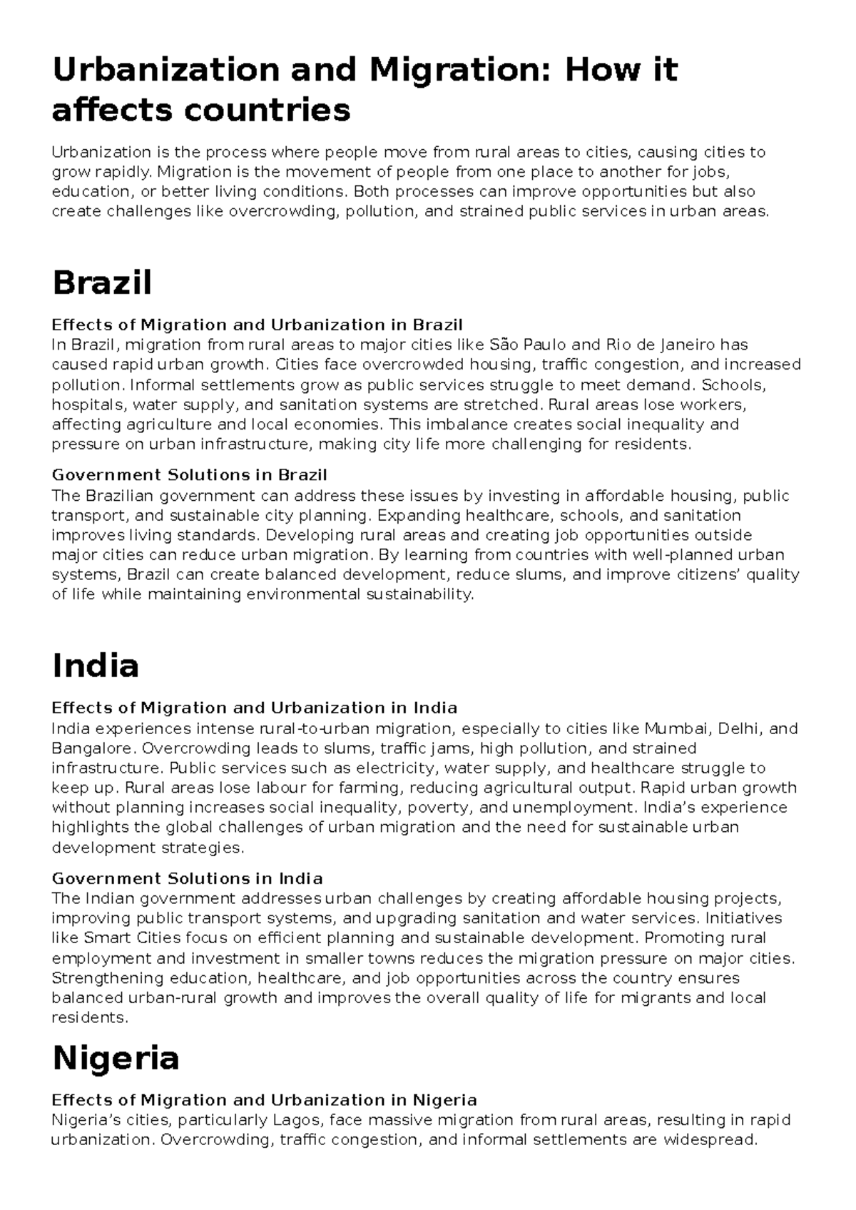 Migration and Urbanization: Impacts on Brazil, India, and Nigeria - Studocu