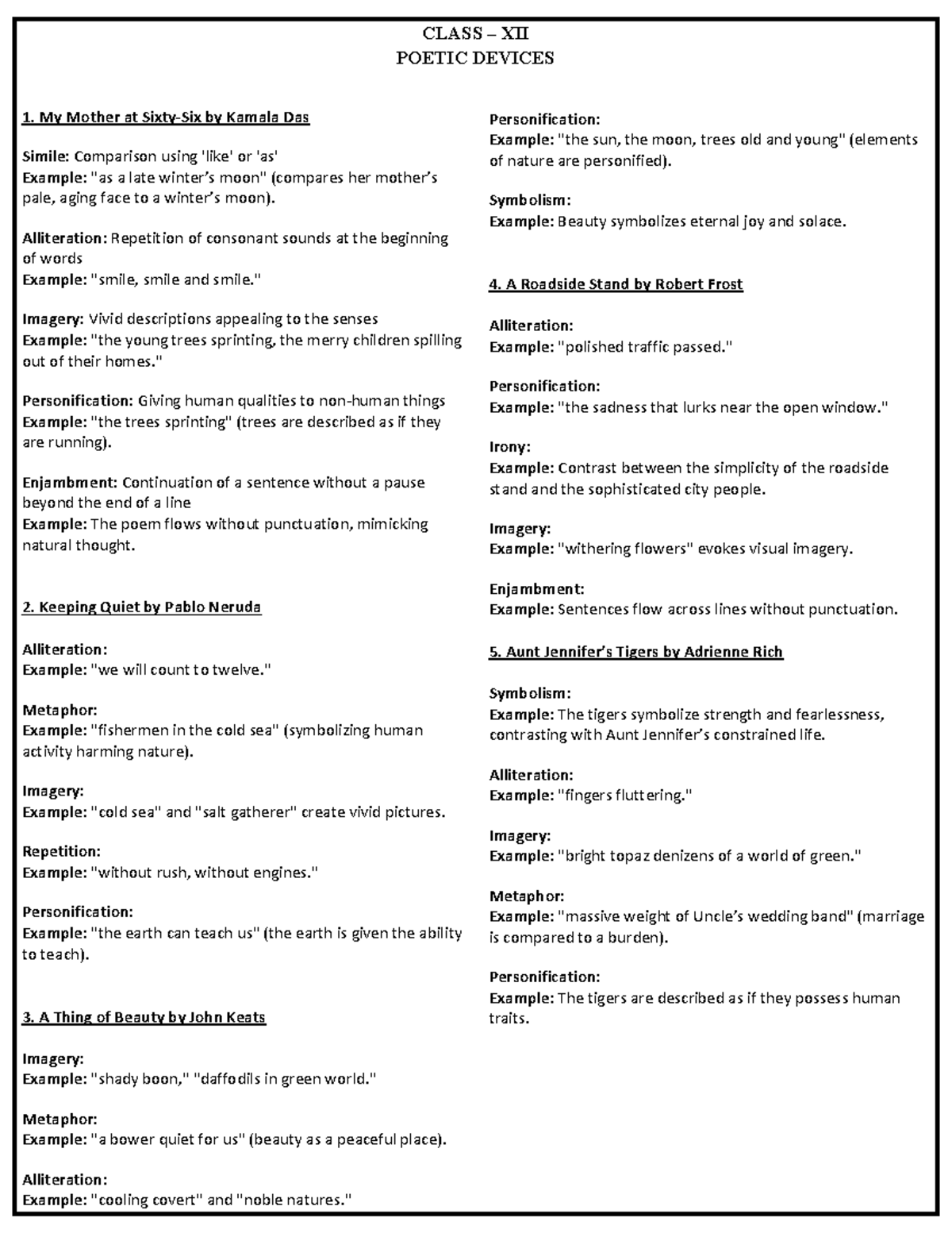 CLASS XII POETIC DEVICES: Analysis of Key Techniques in Poetry - Studocu