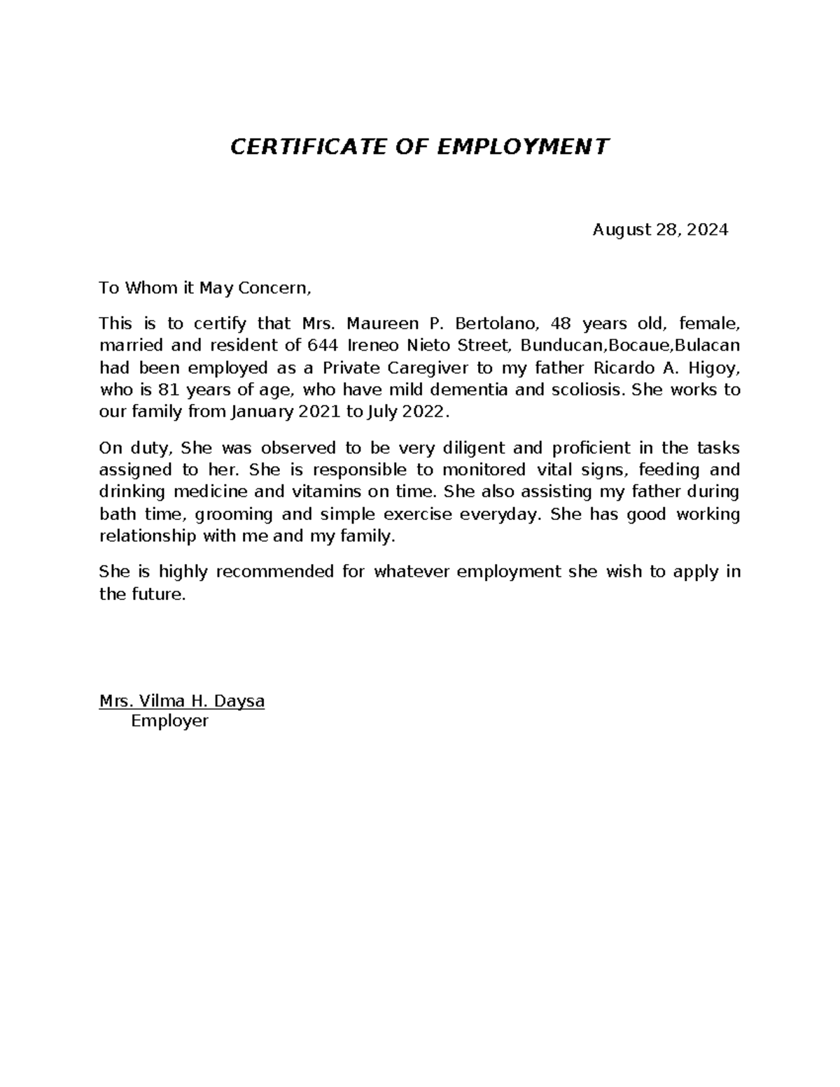 Maucertificate OF Employment - CERTIFICATE OF EMPLOYMENT August 28 ...