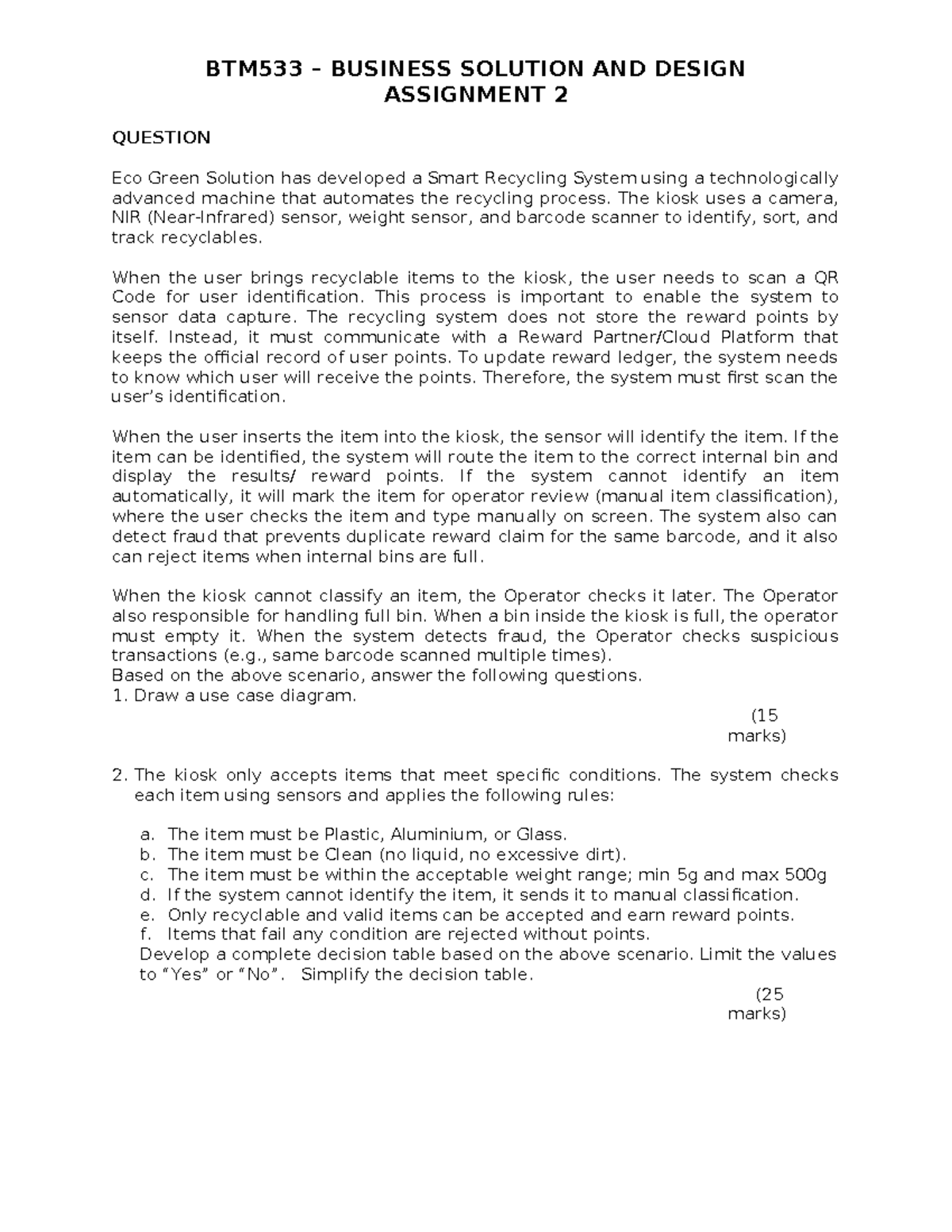 BTM533 Business Solution & Design: Smart Recycling System Assignment 2 ...