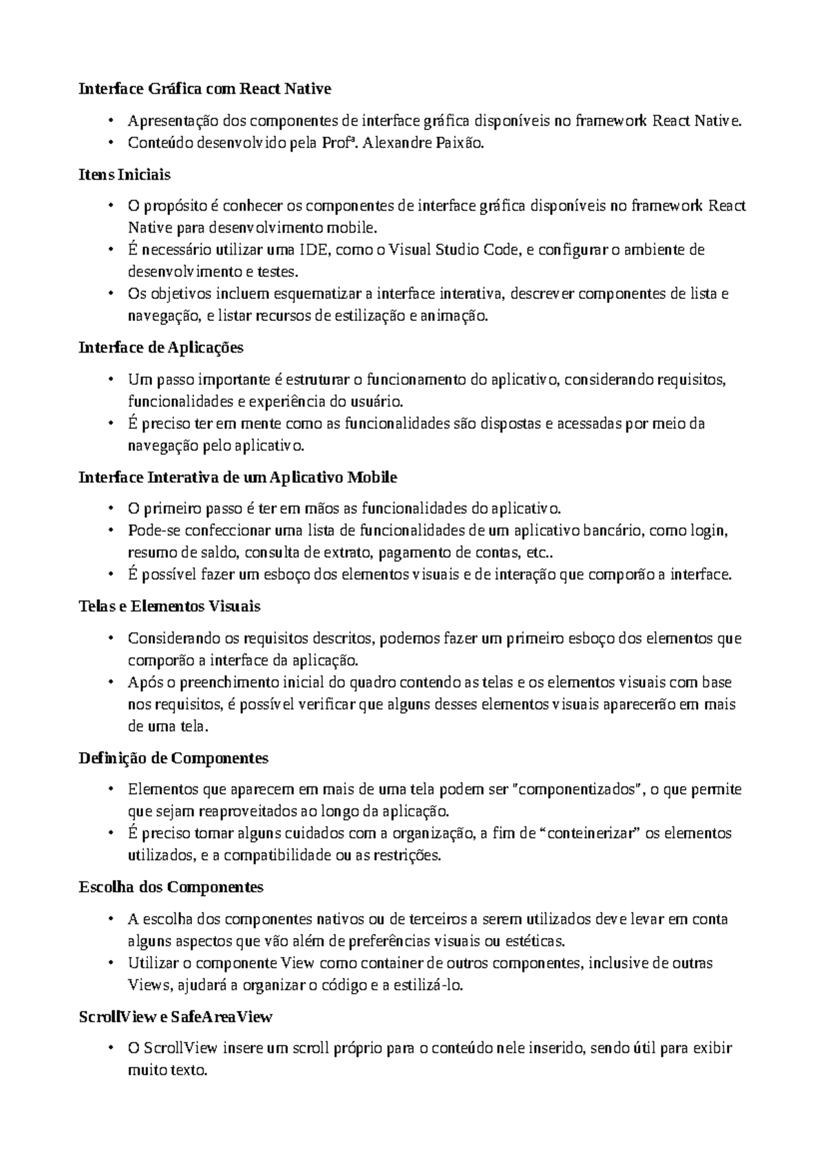 Resumo do tema 3: Componentes e navegação em React Native - Studocu