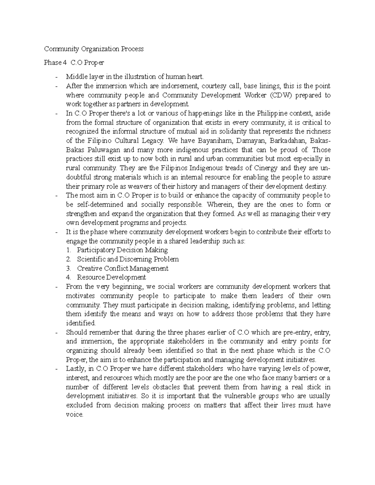 Phases of Community Organizing: Insights on C.O Proper and Beyond - Studocu