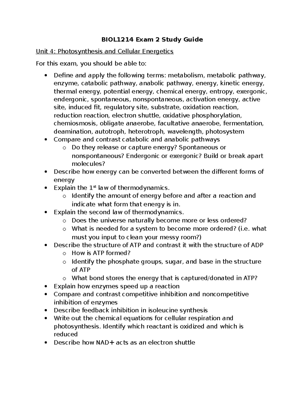 BIOL1214 Exam 2 Study Guide: Photosynthesis & Cellular Energetics - Studocu
