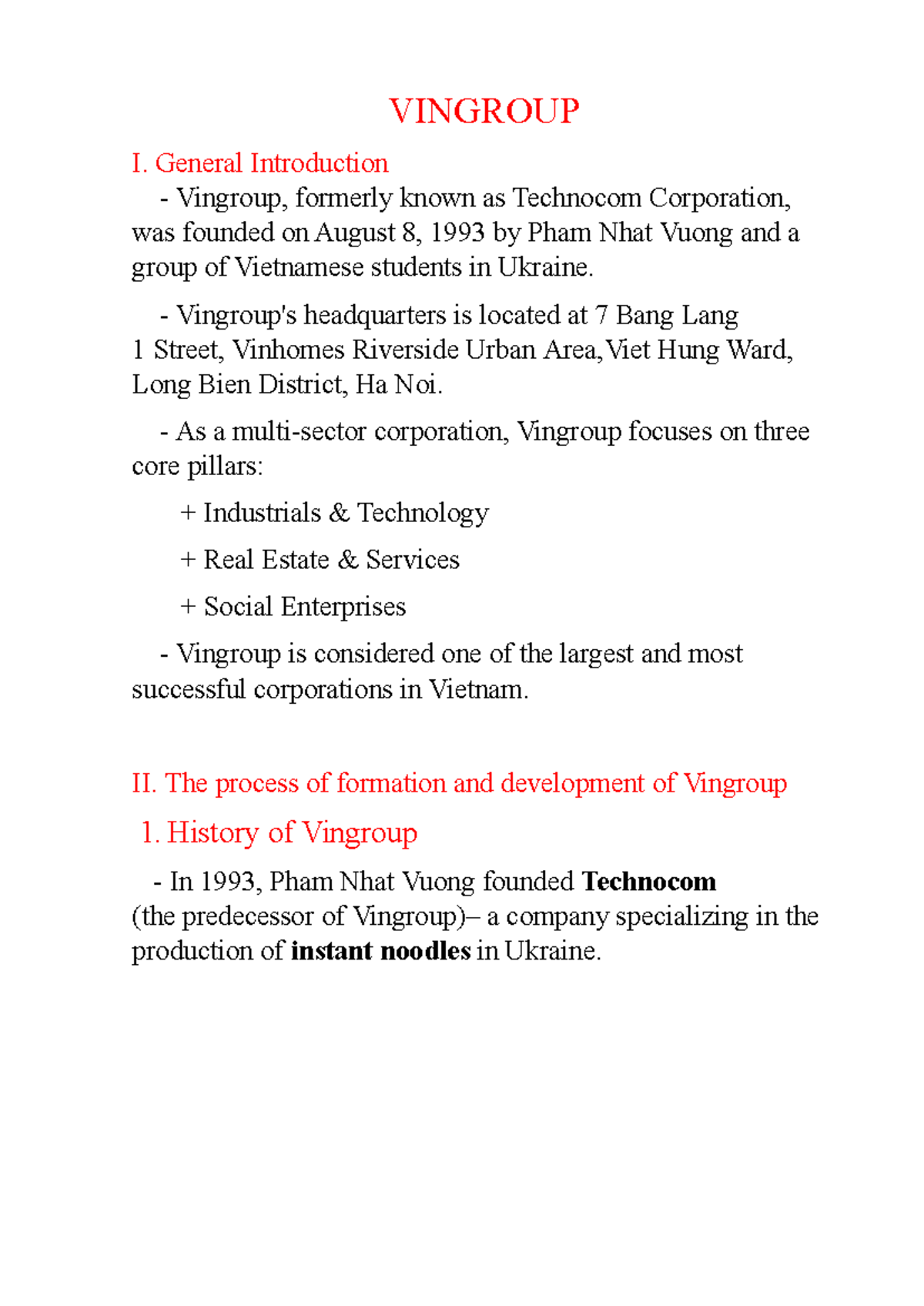 VINGROUP: Overview of Formation, Development, and Key Sectors - Studocu