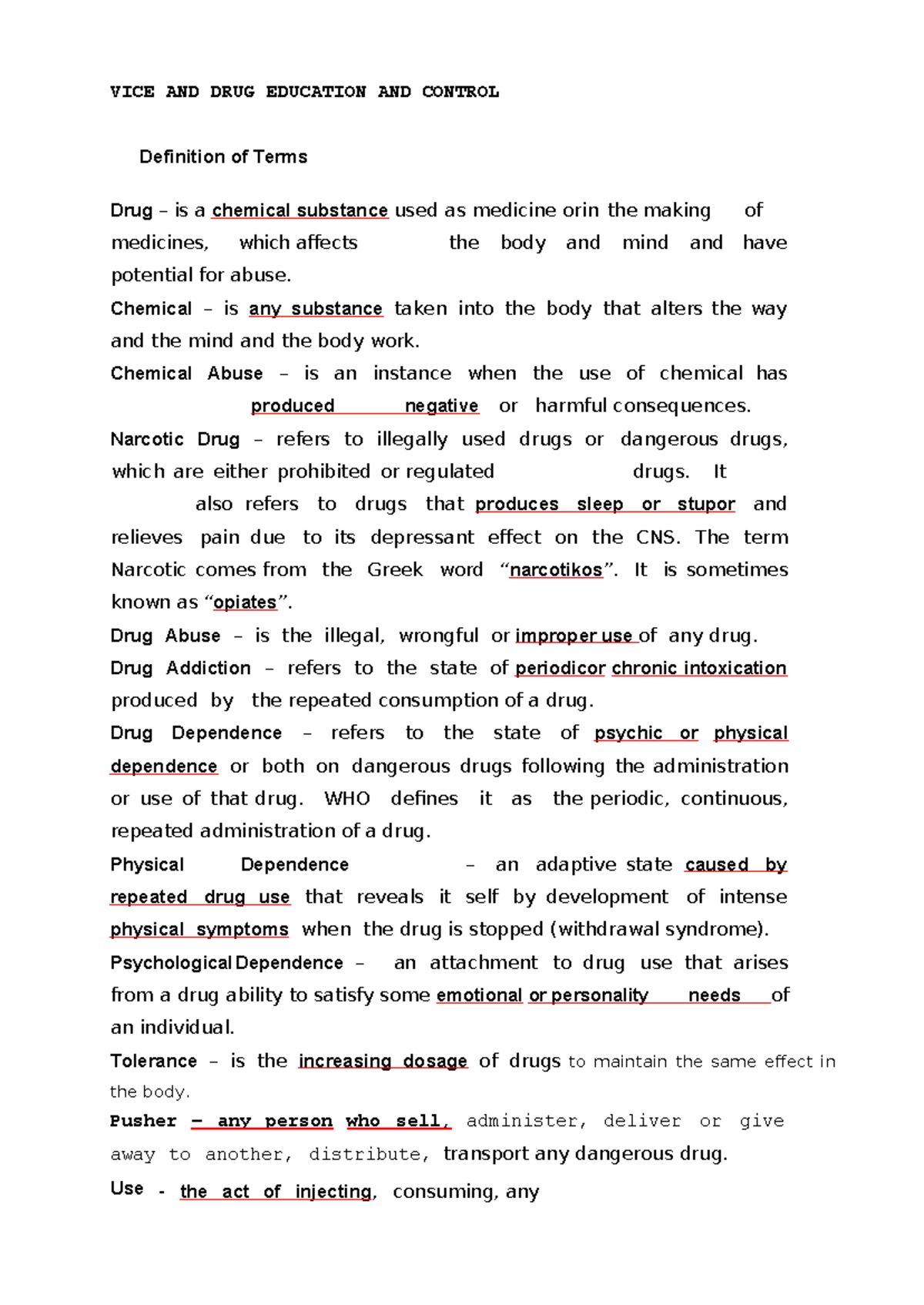 VICE AND DRUG EDUCATION AND CONTROL: Key Terminologies - Studocu