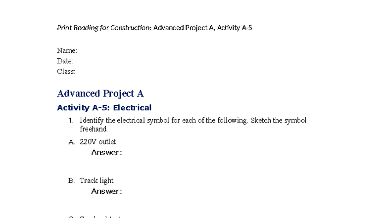 Adv. Project A: Electrical Symbols & Outlet Identification Activity ...
