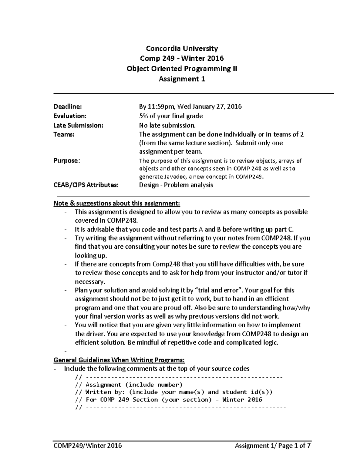 2016 Winter A1 - Exam - Concordia University Comp 249 - Winter 2016 Object Oriented Programming ...