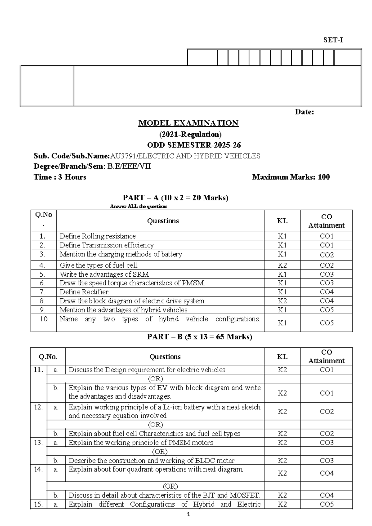 EHV Model Exam Questions Set 1: Hybrid & Electric Vehicles - Studocu
