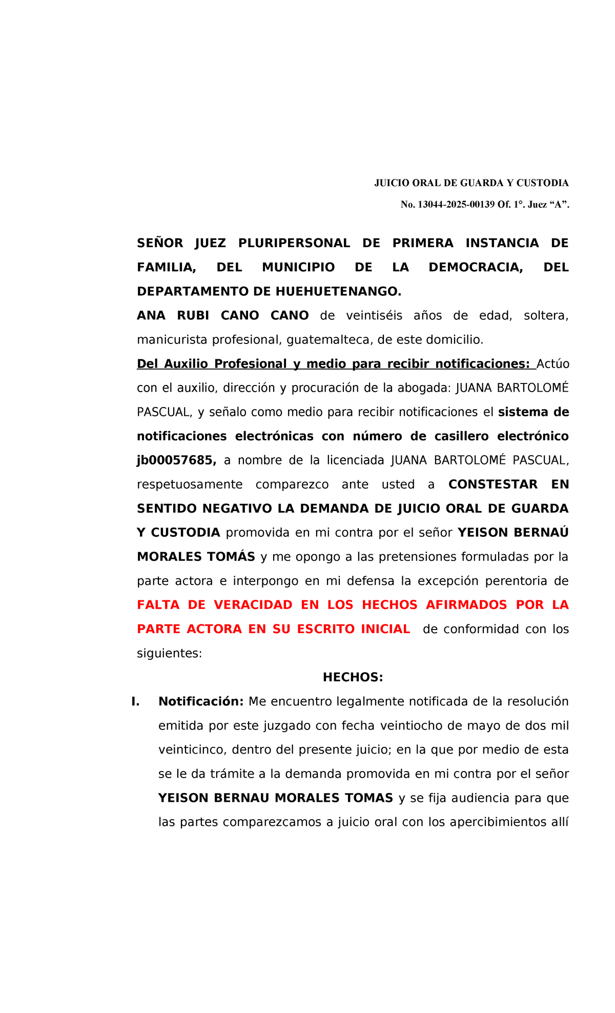JUICIO ORAL DE GUARDA Y CUSTODIA: Contestación a la Demanda de Ana Rubí ...