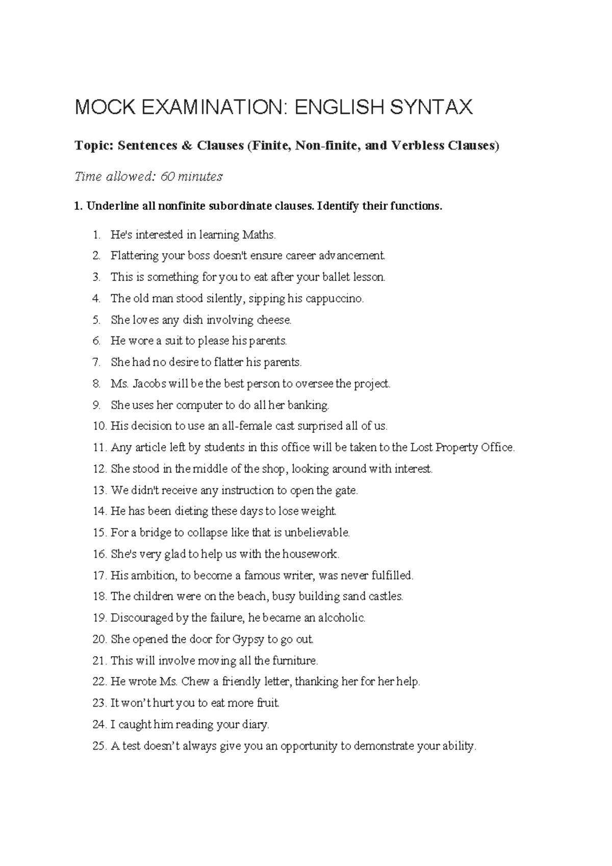 MOCK EXAM: ENGLISH SYNTAX (ENG 101) - Sentences & Clauses Analysis ...