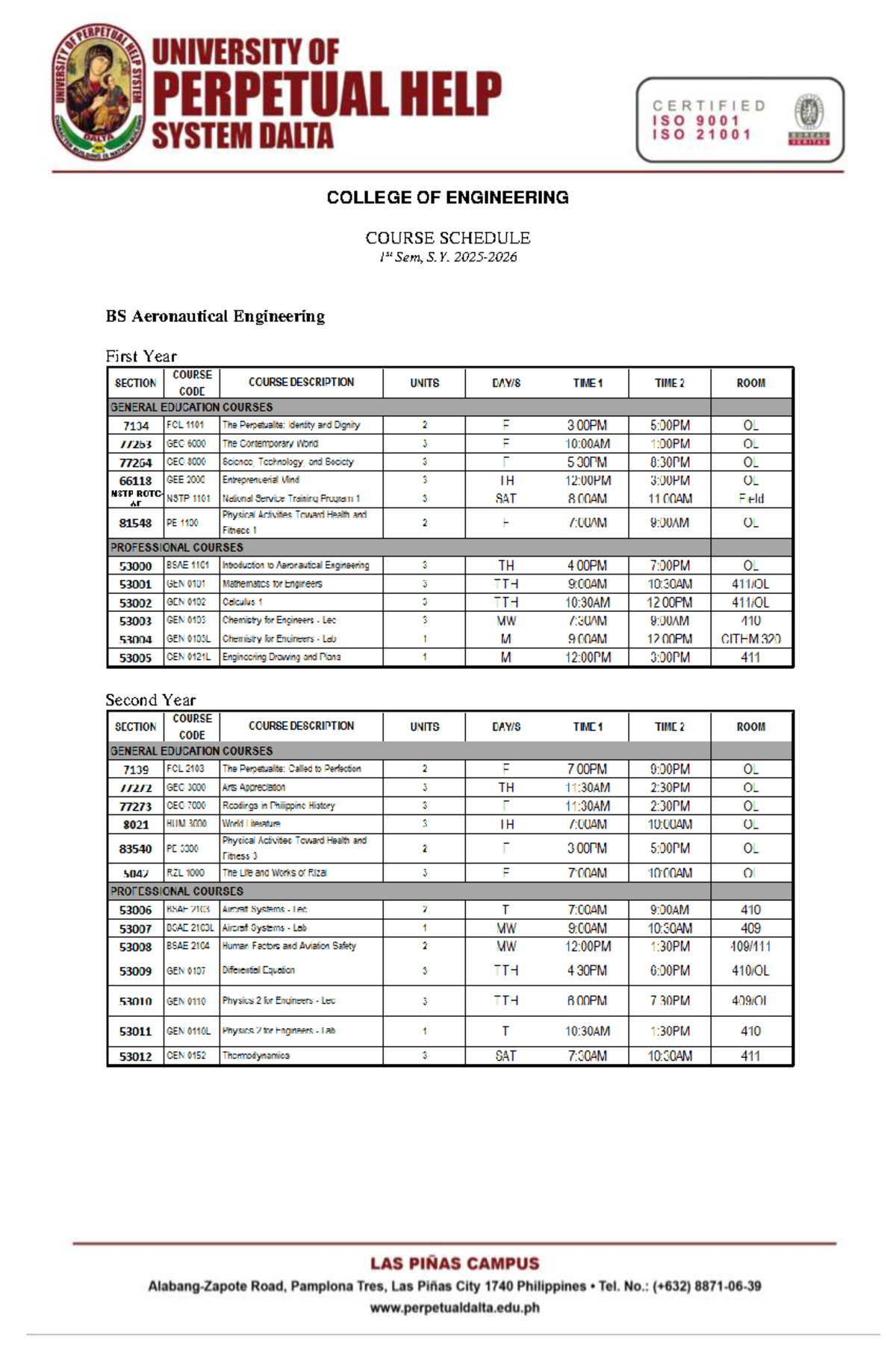 Course Schedule for CoE 1st Sem - BS Aeronautical, Computer, Digital, - Studocu