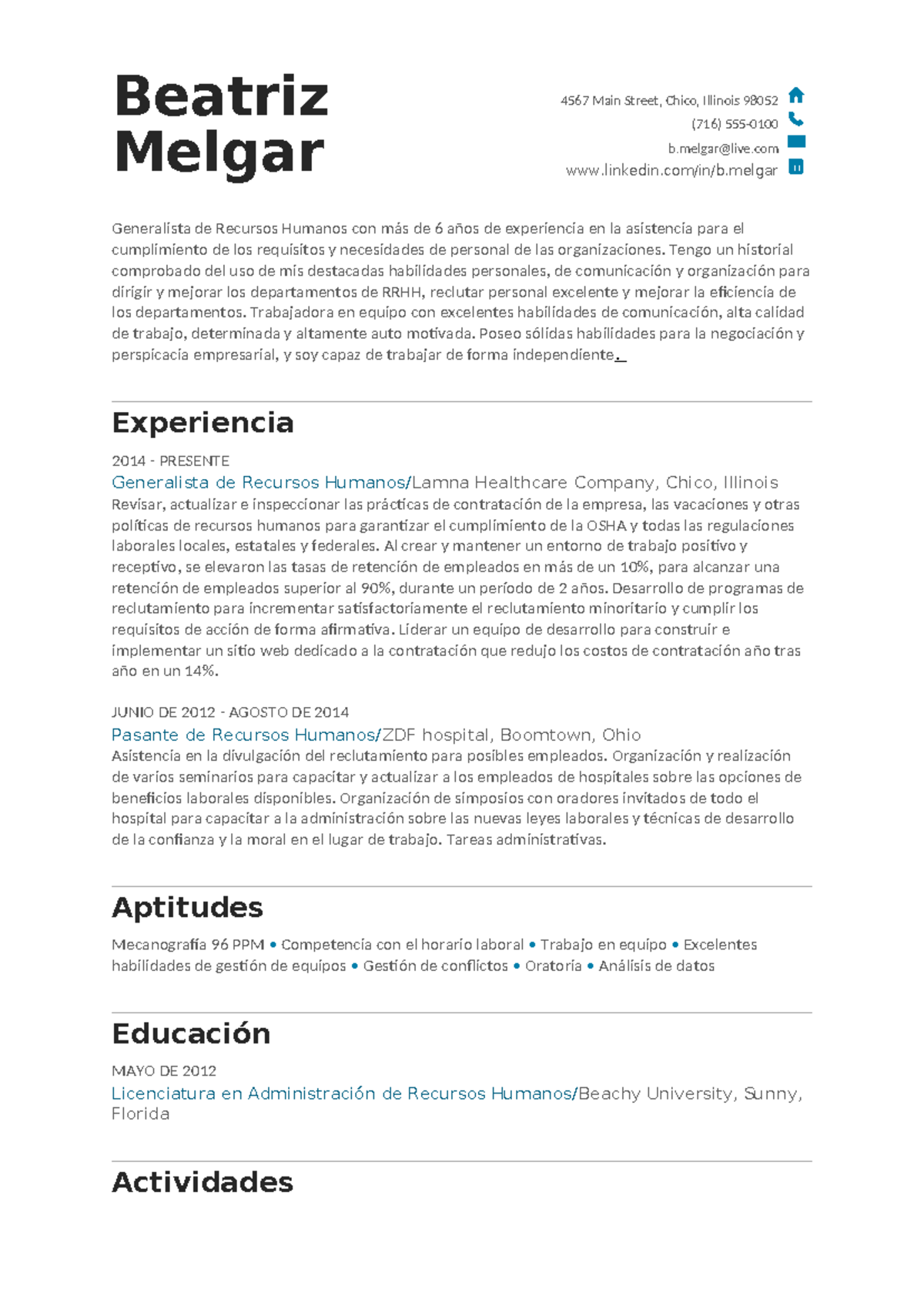 Currículum Vitae de Recursos Humanos - Generalista (4567) - Studocu