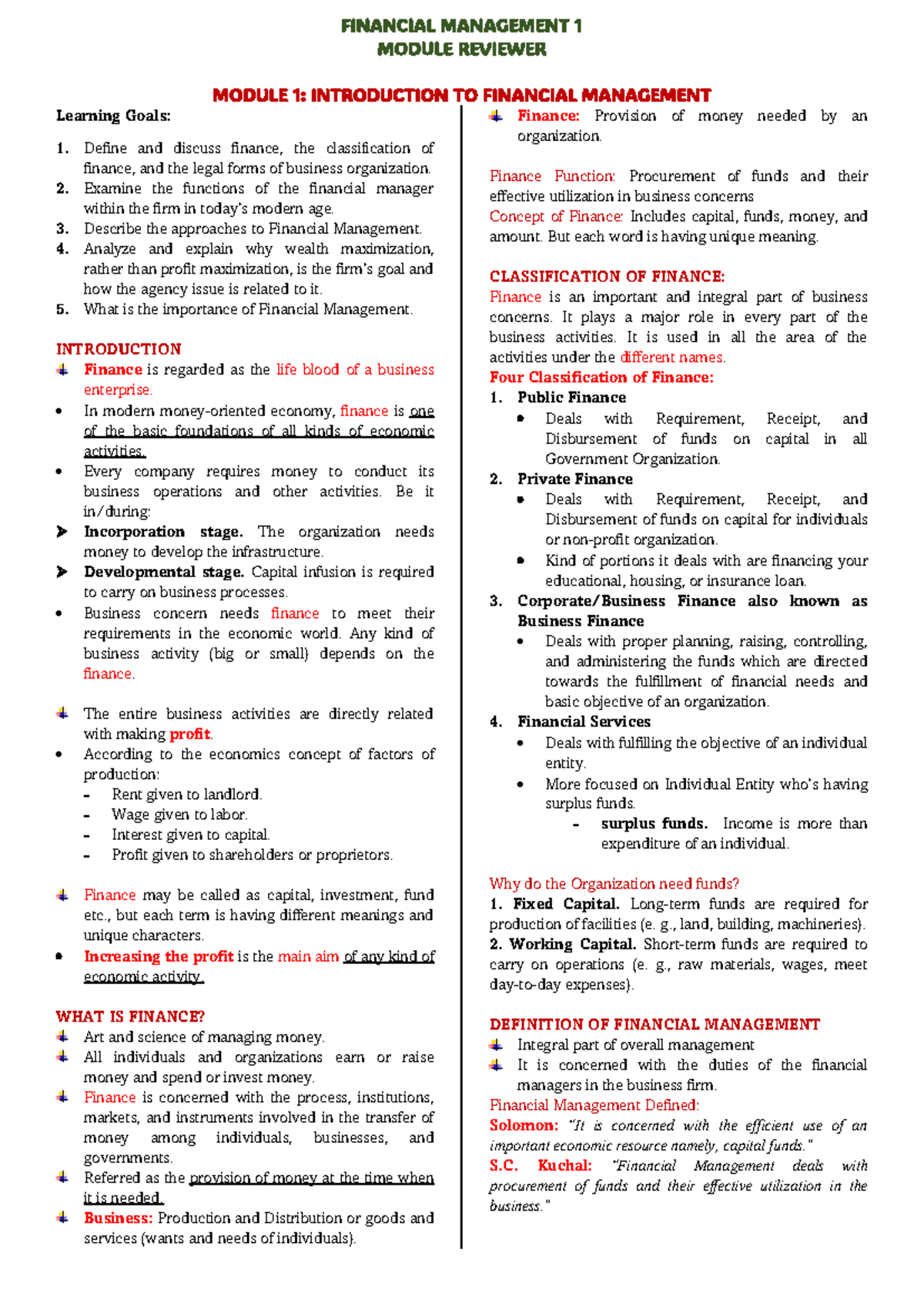 Financial Management MGT101: Module 1 Overview and Key Concepts - Studocu