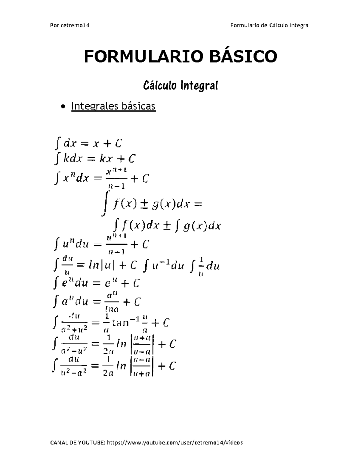 Formulario - PARA RESOLVER SUS EJERCICIOS - FORMULARIO BÁSICO Cálculo ...