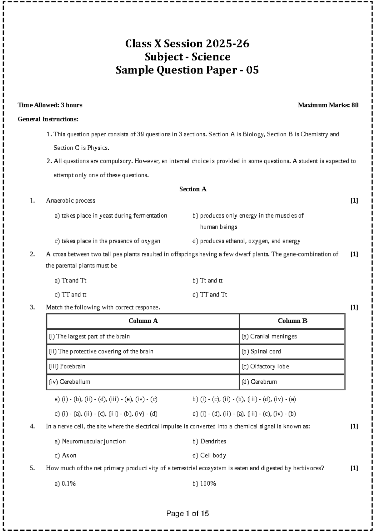 Class X Science Sample Question Paper 05 - Time Allowed: 3 Hours - Studocu
