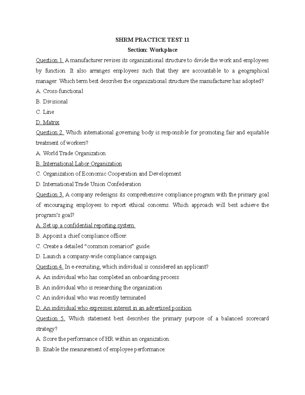 SHRM Practice TEST 11 - aaaa - SHRM PRACTICE TEST 11 Section: Workplace ...