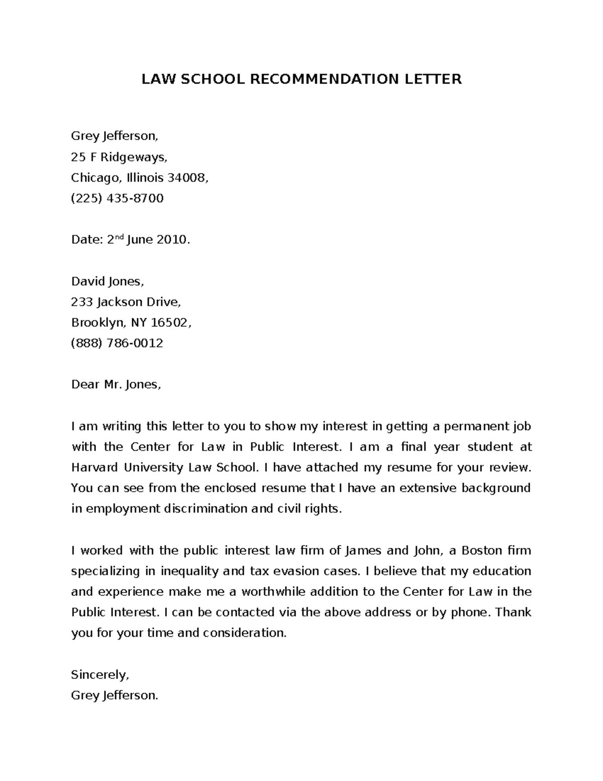 LAW SCHOOL RECOMMENDATION LETTER - Grey Jefferson - Studocu