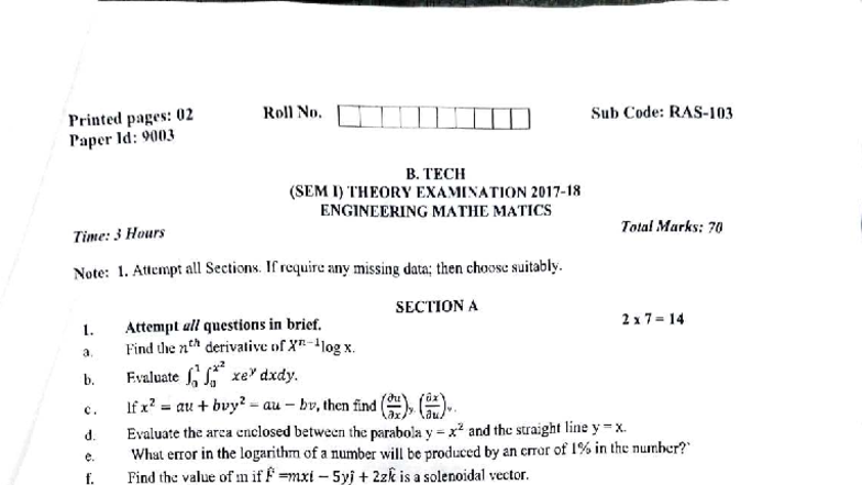 Engineering Mathematics-1 Previous Year Question Papers (KAS103) - Studocu
