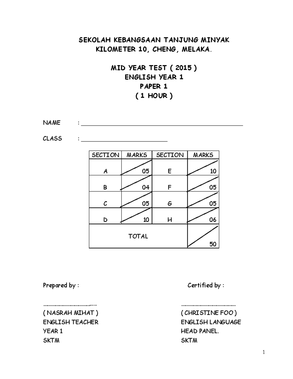 Mid Year Test English Paper 1 - Year 1 (2015) Document - Studocu